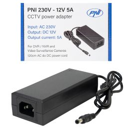 Power supply PNI CCTV 230V, input 230V, output 12V, 5A, 2 meters, black